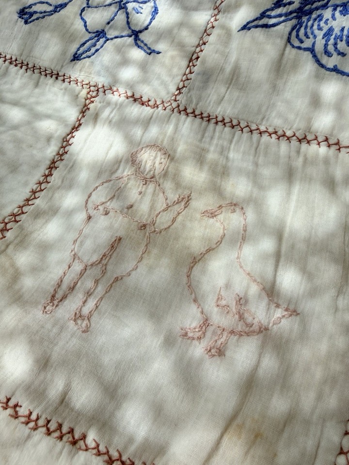 Antique 1930s Hand Embroidered Quilt Red Blue Animal Storybook 64x40 ...