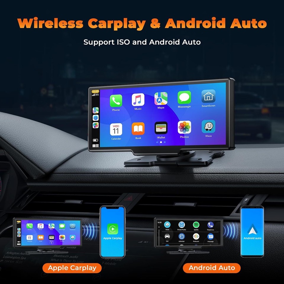 10.26" 2.5K Touch Screen Dash Cam Wireless Apple Carplay/Android Auto ...