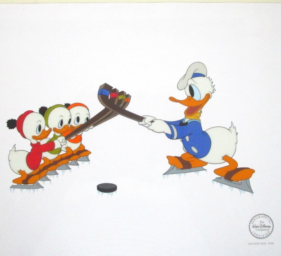 HOCKEY DONALD DUCK NEPHEWS stick puck WALT DISNEY ANIMATION drawing cel ...