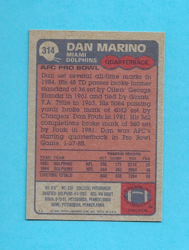 85 Topps Football PRO BOWL Card # 314 DAN MARINO MIAMI DOLPHINS ...