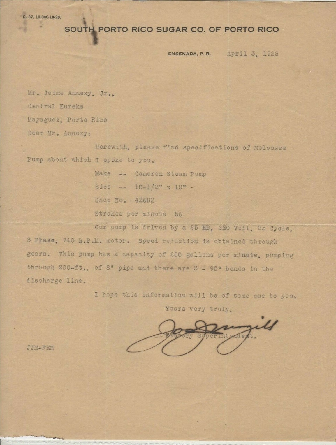 LETTER / SOUTH PORTO RICO SUGAR CO / CENTRAL GUANICA / ENSENADA PUERTO ...