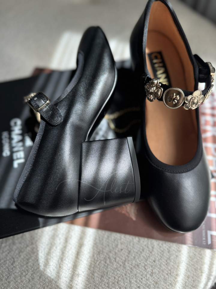 Chanel 24A Metiers D’art Black Leather Mary Jane Heels Gold Charms ...