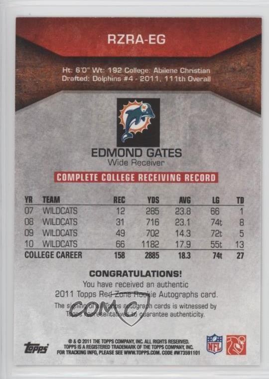 2011 Topps Red Zone Rookie Auto /100 Edmond Gates Edmund Gates #RZRA-EG ...