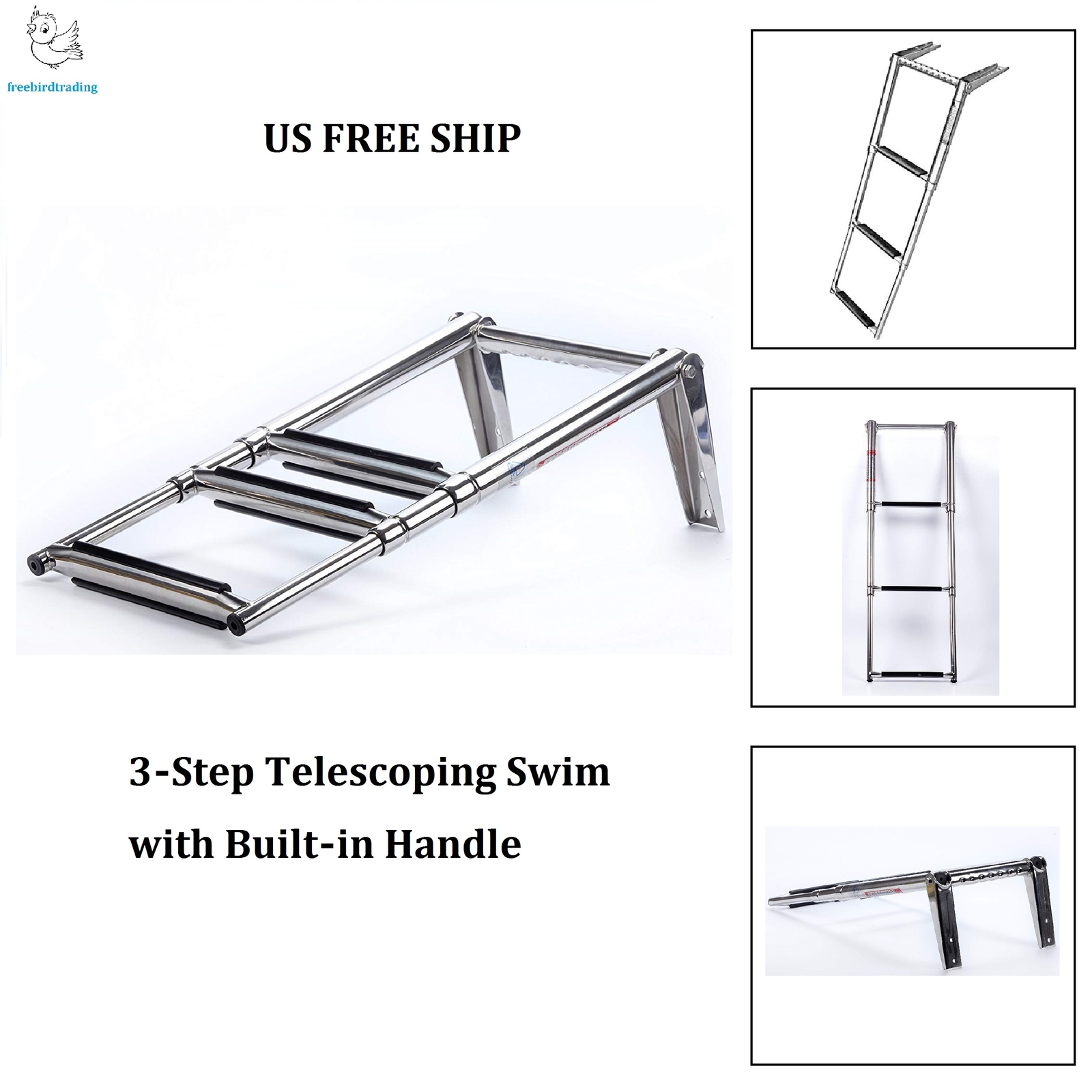 3 Step Marine Boat Ladder Telescoping Swim Ladder Stainless with Built ...
