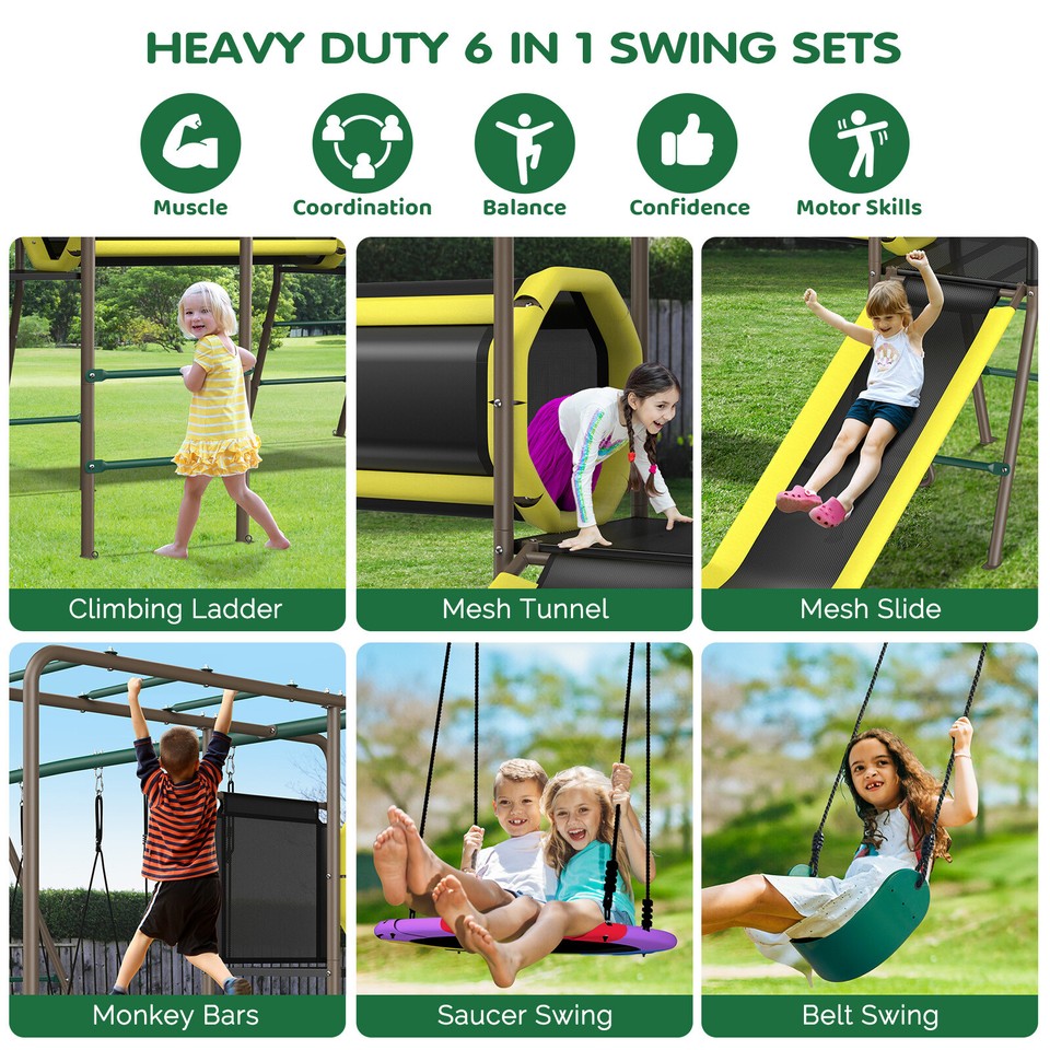 Heavy Duty Metal Swing Set with 2 Swings, Mesh Slide,Climbing Ladder ...