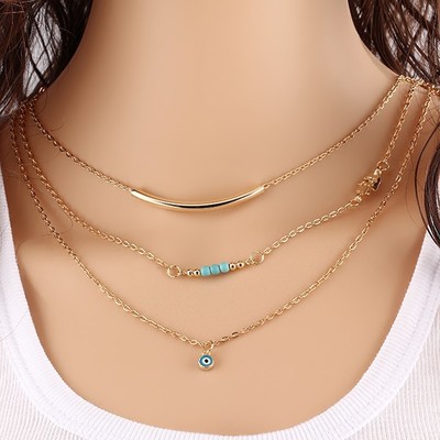 Bijou collier multi-rangs 3 chaînes pendentifs perles turquoise design ...