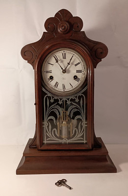 antique Gilbert key-wind 30 hour time and strike parlor cottage mantel ...