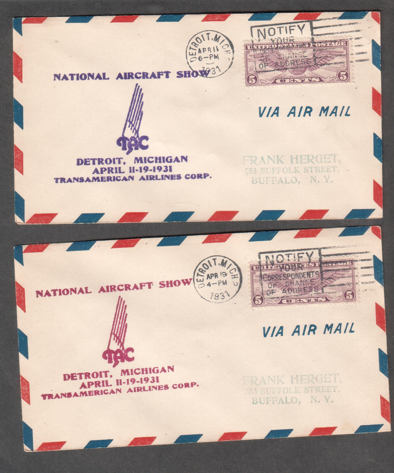 1931 cachet aviation cover Detroit National Aircraft Show Transamerican ...