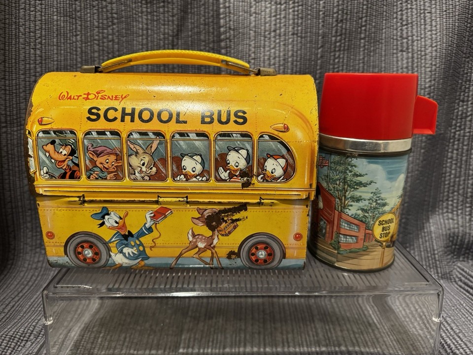 Vintage 1960s Walt Disney School Bus Lunch Box w/ Thermos - Mickey ...