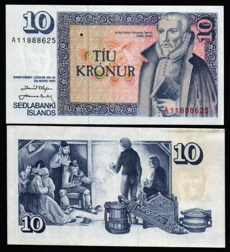 Iceland 10 KRONUR P-48 1961 Icelandic UNC World Currency MONEY BILL ...