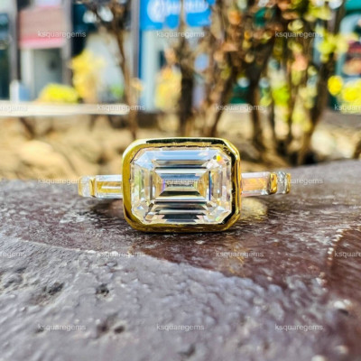 3.17 CT D Color White Emerald Cut Moissanite Engagement 14K Yellow Gold ...