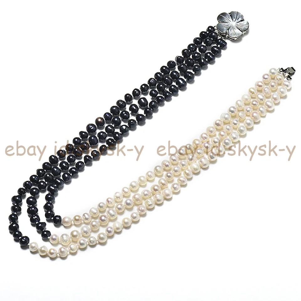 3 Rows Natural Black White Akoya Freshwater Pearl Necklace 17-19" Shell ...
