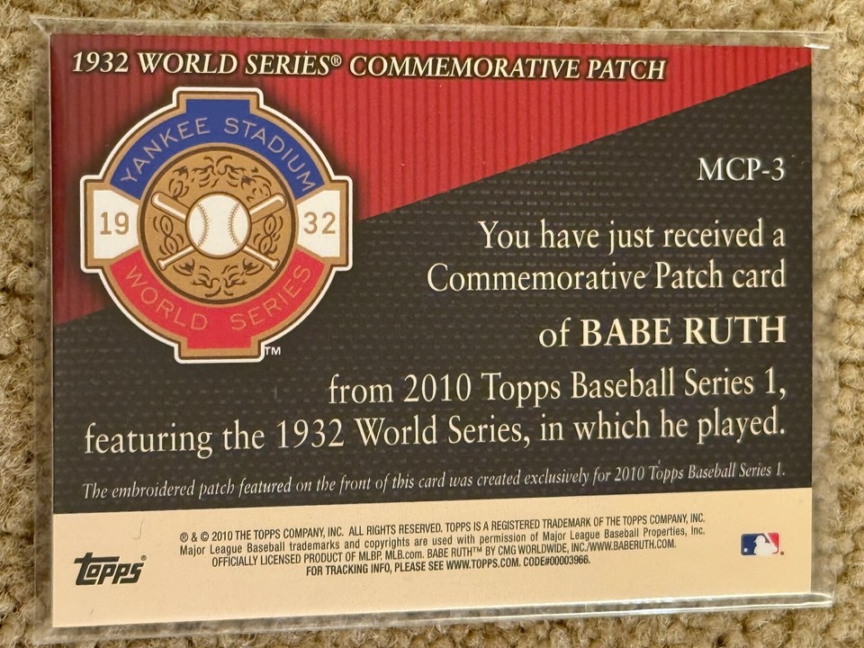 BABE RUTH 2010 Topps 1932 World Series Commemorative Patch" The Bambino ...