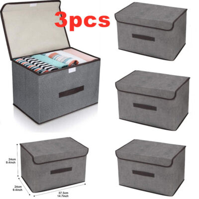 3Pcs Foldable Canvas Storage Boxes Large Folding Fabric Clothes Baskets ...