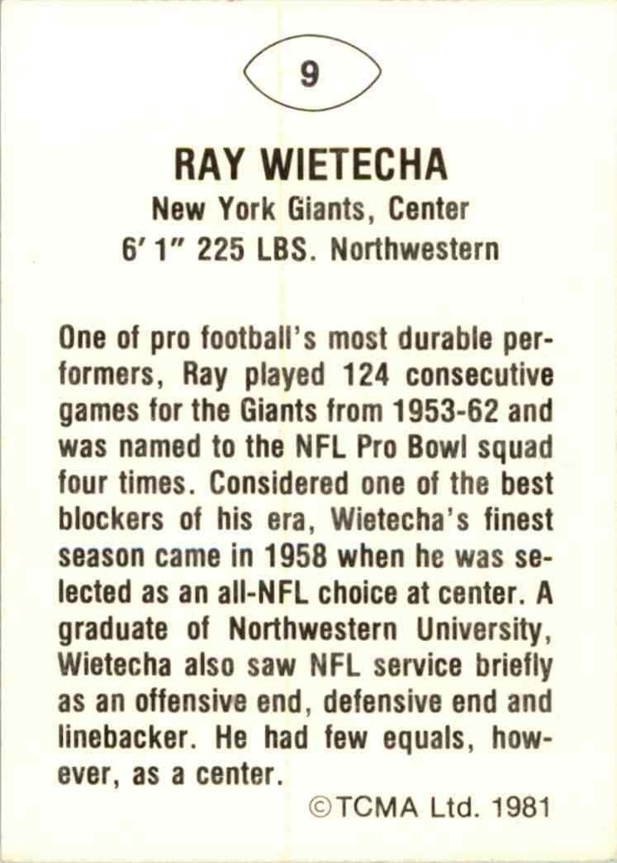 1981 TCMA #9 Ray Wietecha RARE ODDBALL New York Giants / Northwestern ...