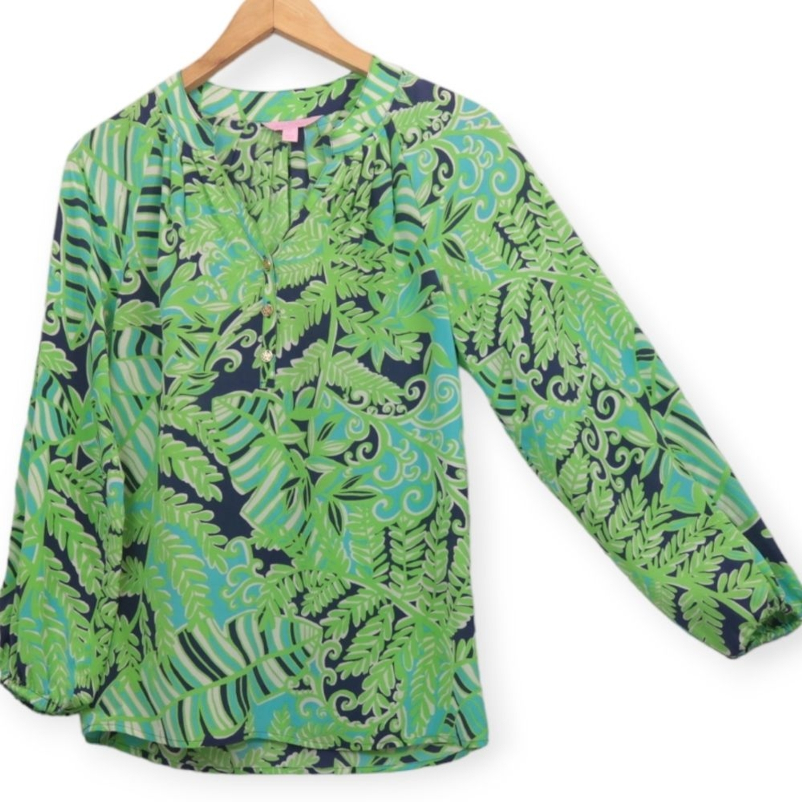 Lilly Pulitzer Elsa Silk Tropical Leaf Printed V Neck… - Gem