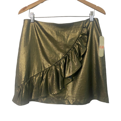 Gianni Bini Mini Skirt Ruffles Iridescent Green Copper Gold Stretch ...