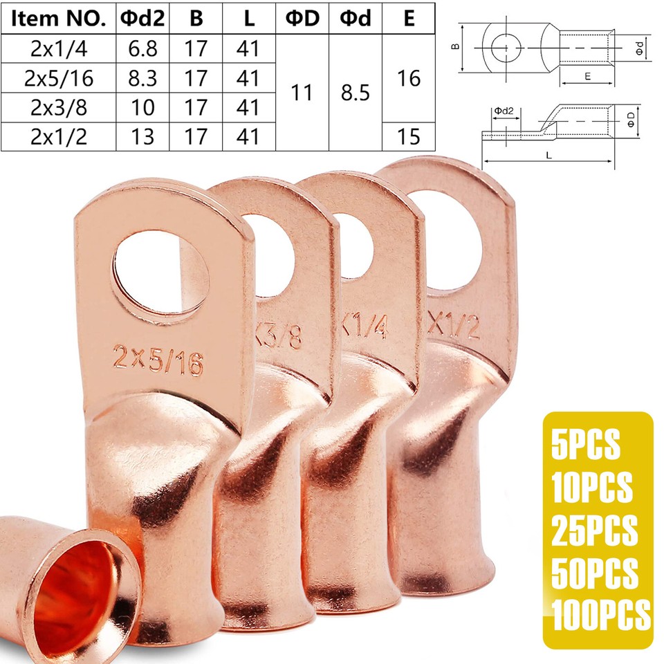 Bare Copper Cable Wire Lugs Ring Terminals 8-4/0 AWG Battery Wire ...