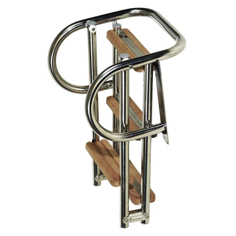 Marine STAINLESS STEEL PLATFORM LADDER 4 WOODEN STEPS | eBay