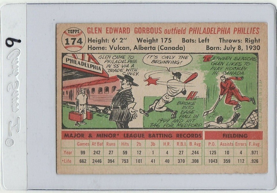 1956 TOPPS #174 GLEN GORBOUS ROOKIE WHITE BACK WB RARE PHILLIES RC LOW ...