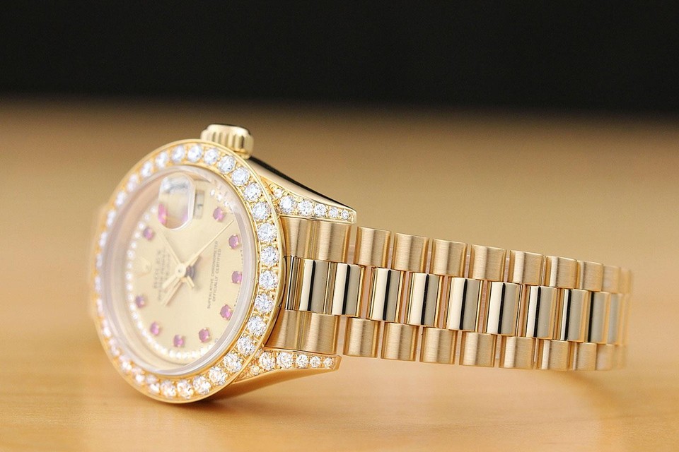 ROLEX LADIES PRESIDENT 69178 FACTORY RUBY STRING DIAMOND DIAL 18K GOLD ...