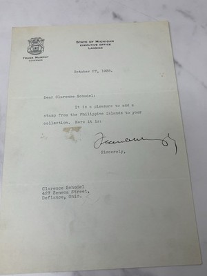 Michigan Governor FRANK MURPHY Typed Letter Pen Signed Autograph 1938 ...