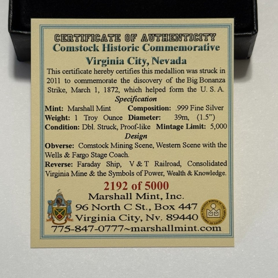 Comstock Virginia City Nevada Commemorative Rare Coin 1 Troy Oz .999 ...