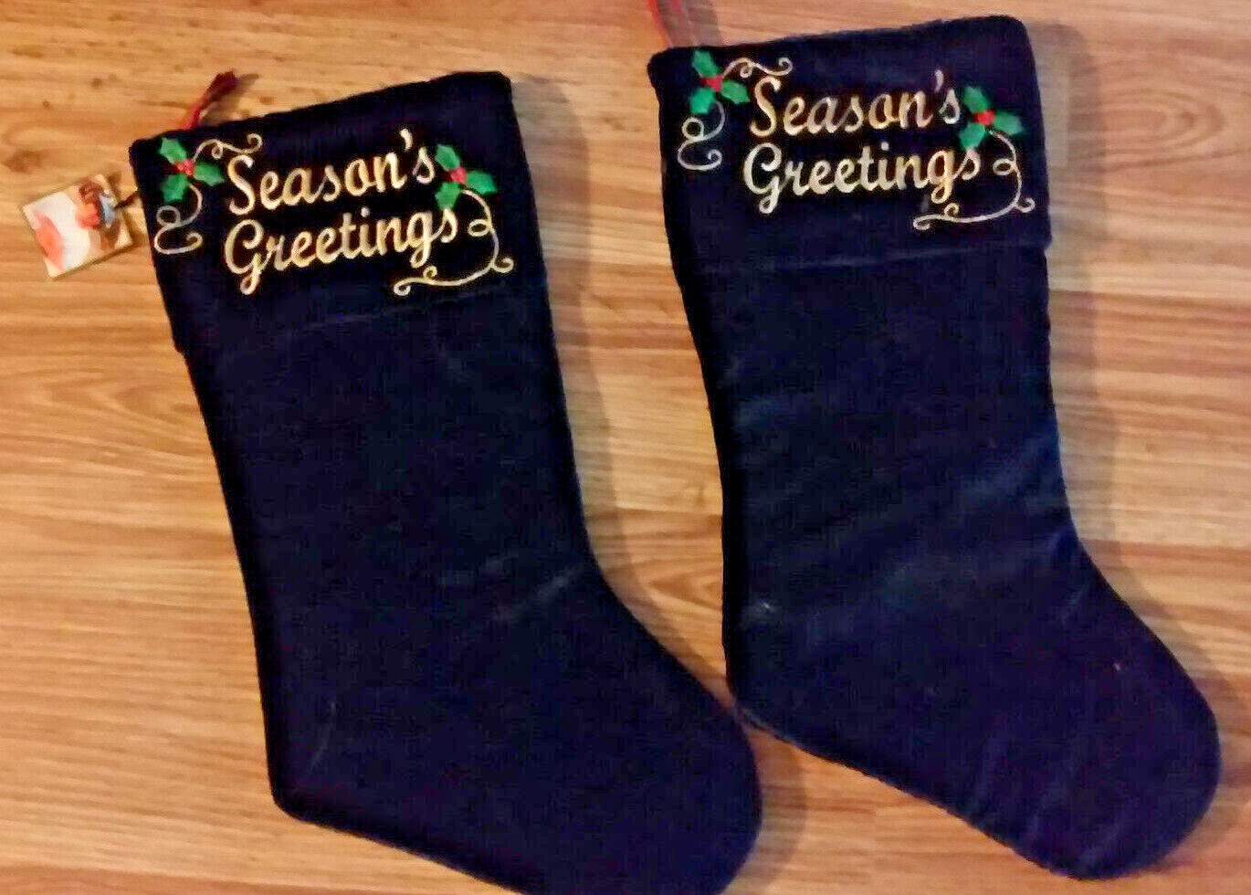 2 Matching Christmas Stockings Dark Blue with Gold Green and Red 17" x ...