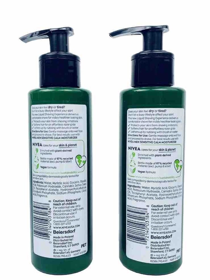 2 Pack of Nivea Men Sensitive Calm Liquid Shaving Cream Pump Bottle 6.8 ...