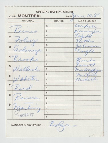 6-10-88 Montreal Expos - Game Used Lineup Card - Dennis Martinez & Tim ...