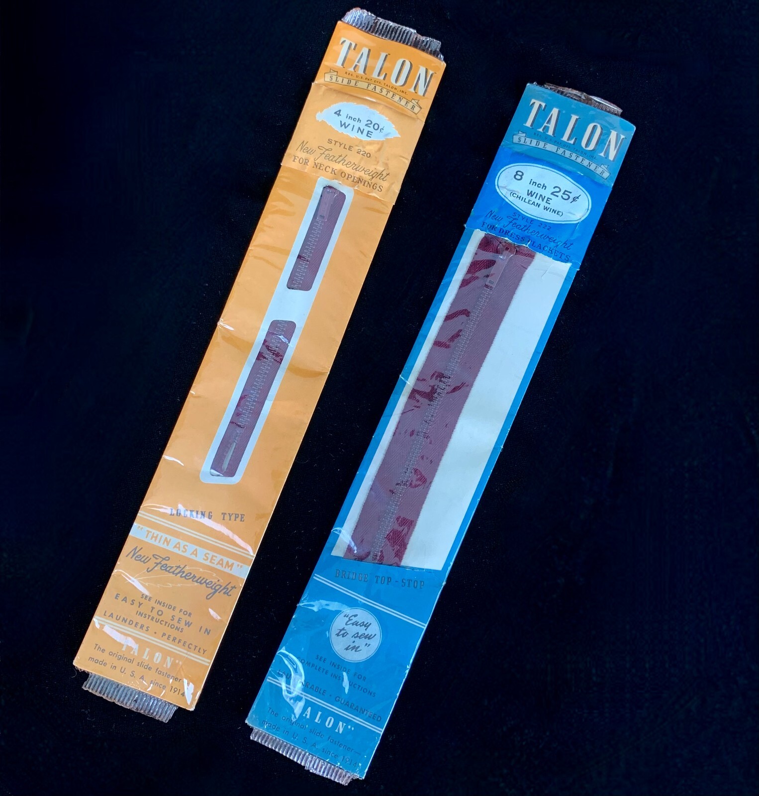 2 New Vintage 1930-40 Talon Zippers 4in 8in Featherweight Metal Slide ...