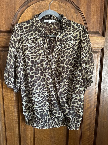 Almost Famous Leopard Print Sheer Cross Cross Top Size Large | eBay