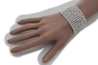 Women Silver Metal Elastic Band Bracelet Fashion Wrist Bling ...