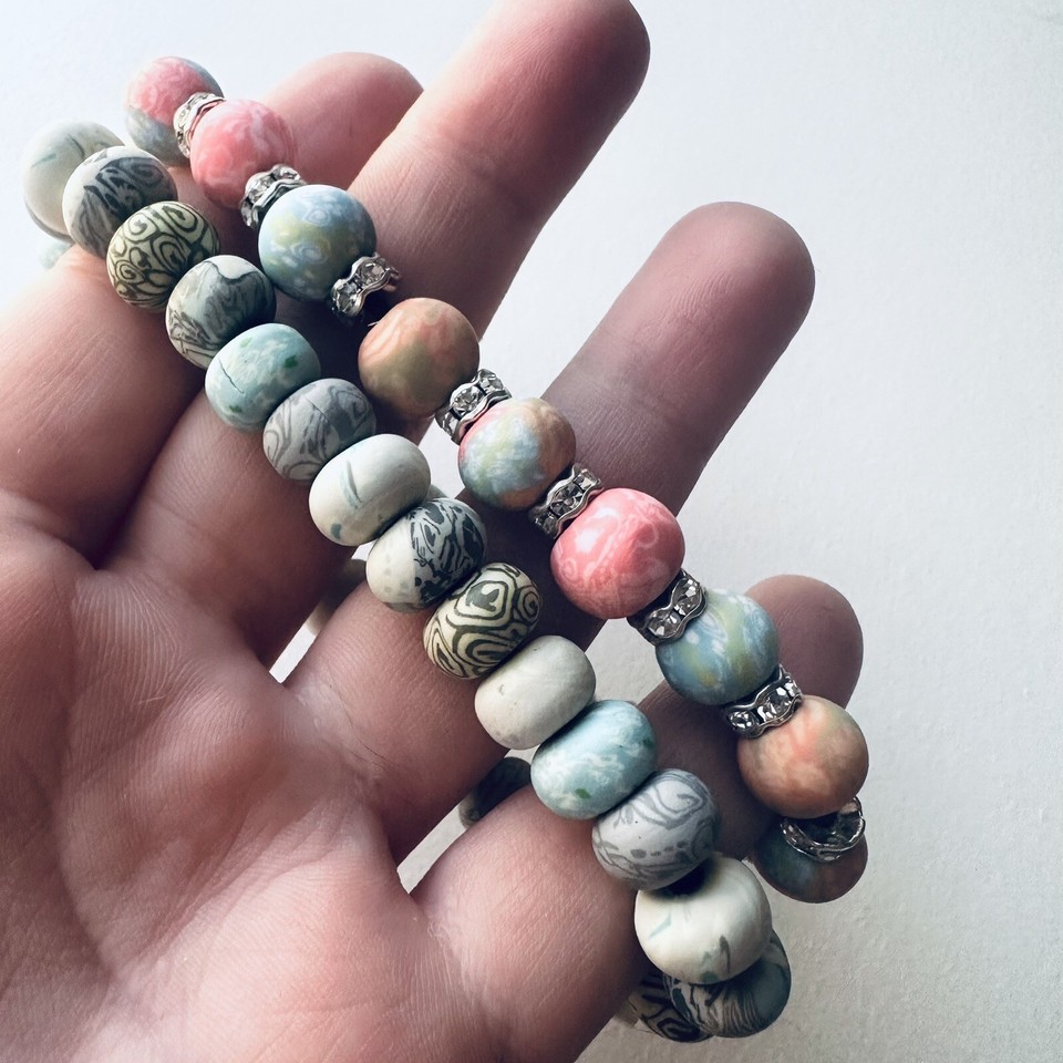 Viva Beads Chunky Silver Clay Handmade Set Of Two Stretchy Bracelets ...