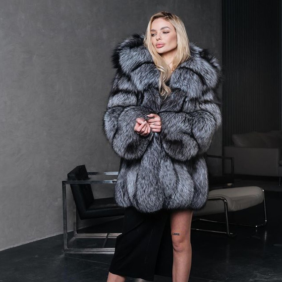 Luxury Women Hooded Genuine Silver Fox Fur Coats Real Fur Jacket Winter ...