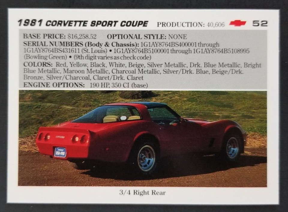 1981 Corvette Sport Coupe 1991 Chevy Corvette Card #52 (NM) | eBay
