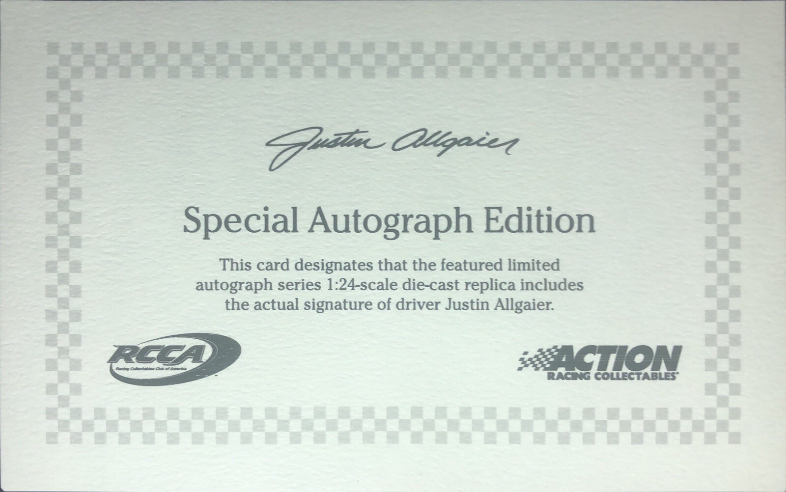 JUSTIN ALLGAIER #7 BRANDT TRADEMARK NITROGEN SIGNED WITH COA CAMARO 1/ ...