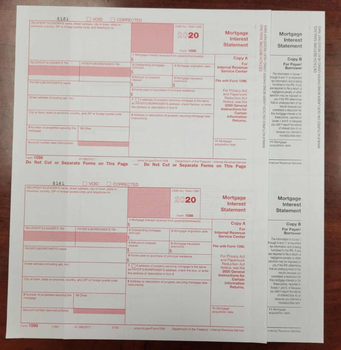 2020 Tax Form 1098 Mortgage Interest 10 Recipients COPY A & Copy B - No ...