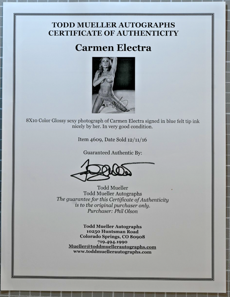 Carmen Electra 8x10 Autograph Photograph COA Todd Mueller Very Good Cond | eBay