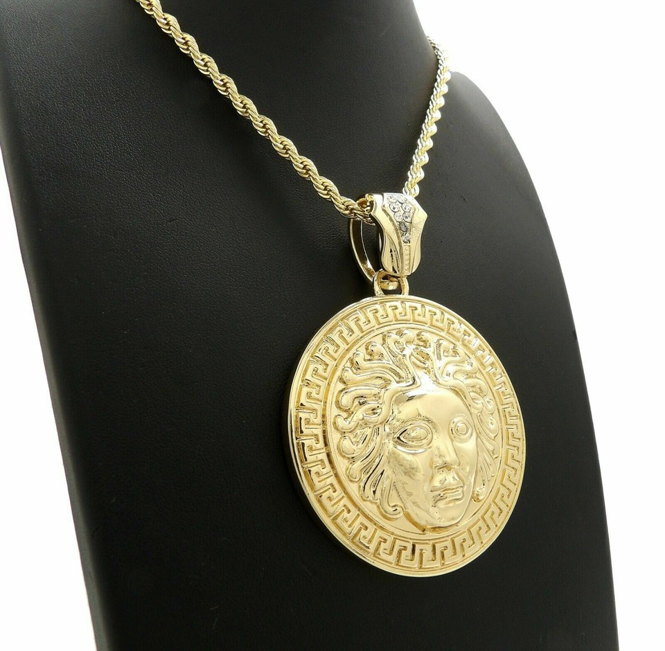 Gold plated Rapper's Medusa Medal Pendant & 4mm 24" Rope Chain Hip Hop ...