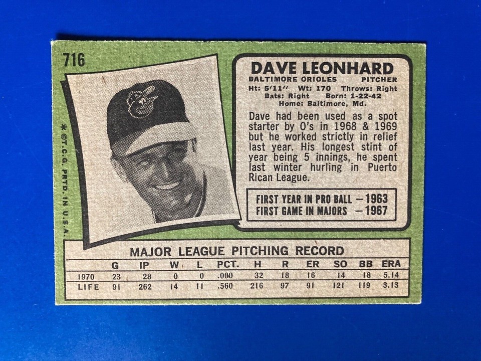 1971 topps baseball #716 Dave Leonhard Baltimore Orioles EX+ | eBay