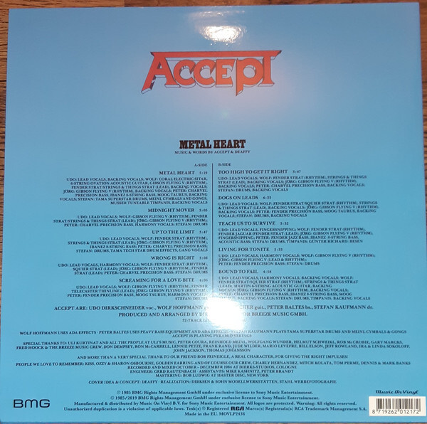 ACCEPT - Metal Heart LP 180 Gram Black Vinyl Album CLASSIC METAL RECORD ...