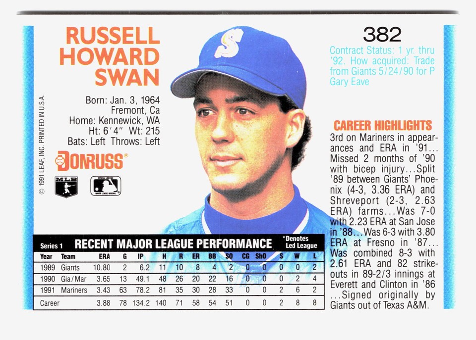 1992 Donruss Russ Swan Seattle Mariners #382a | eBay