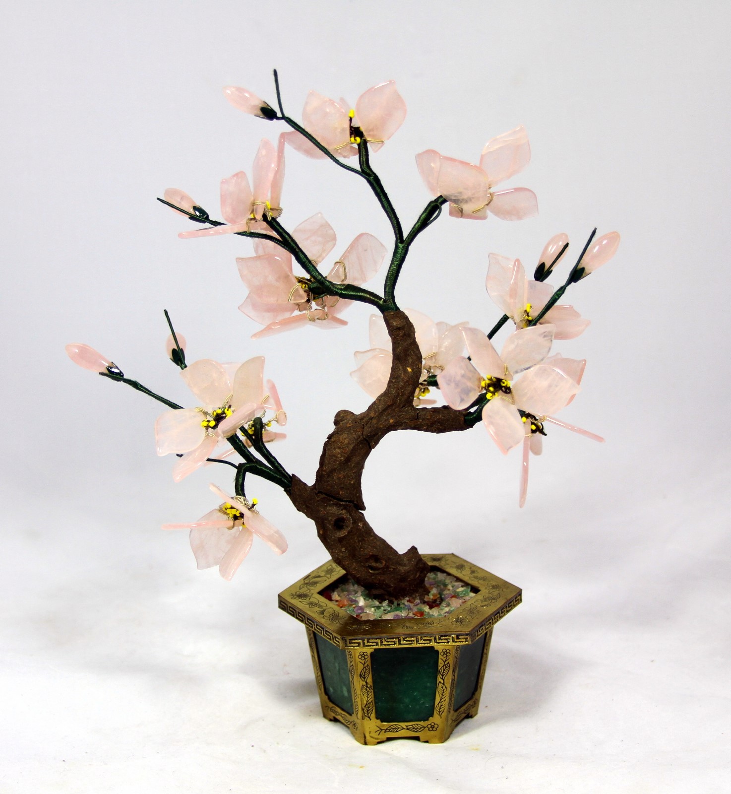 "Hand Carved Chinese Rose Quartz Tree in a Brass & Jade Pot" (11" H x 9 ...