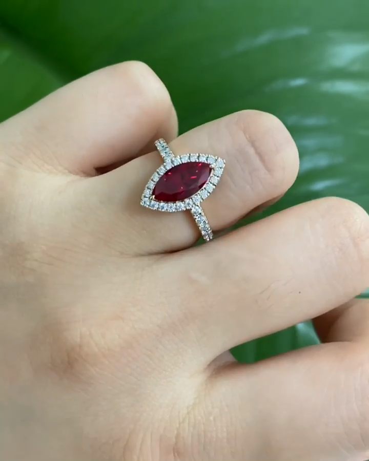 Fancy Red Marquise Cut Cubic Zirconia Halo 925 Sterling Silver Wedding ...