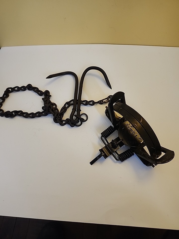 Vtg Steel Animal Foot Trap Coil Spring With Chain And Hook Works Cabin ...