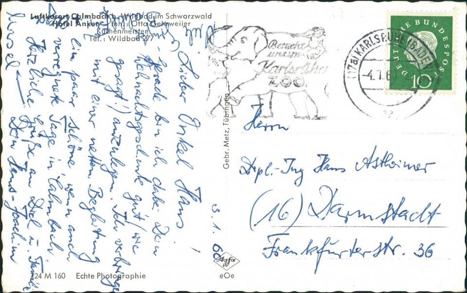 Ansichtskarte Calmbach-Bad Wildbad Hotel Anker - Gaststube 1960 | eBay