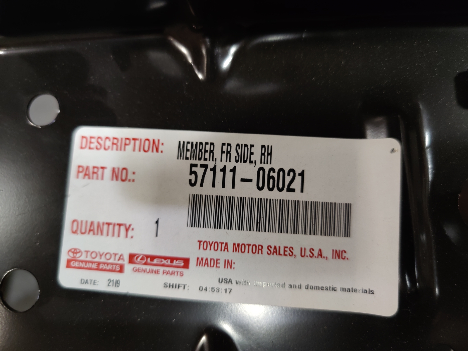 Genuine OEM Toyota 57111-06021 Passenger Front Side Member Inner Rail ...