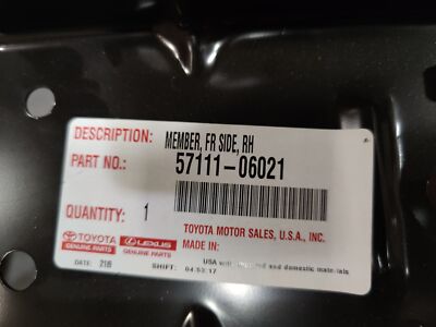Genuine OEM Toyota 57111-06021 Passenger Front Side Member Inner Rail ...