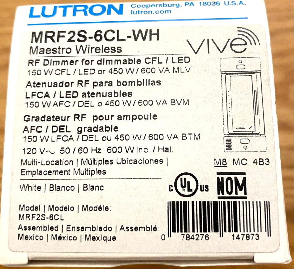 Lutron MRF2S-6CL-WH Vive Maestro Dimmer RF Wireless MRF2 6CL WH SHIPS ...